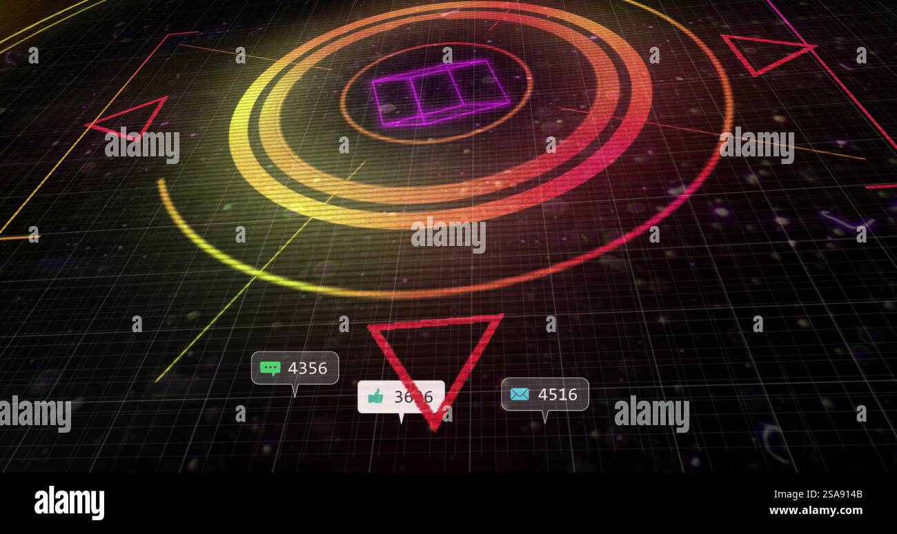 Image of social media icons with numbers over scope scanning with ...