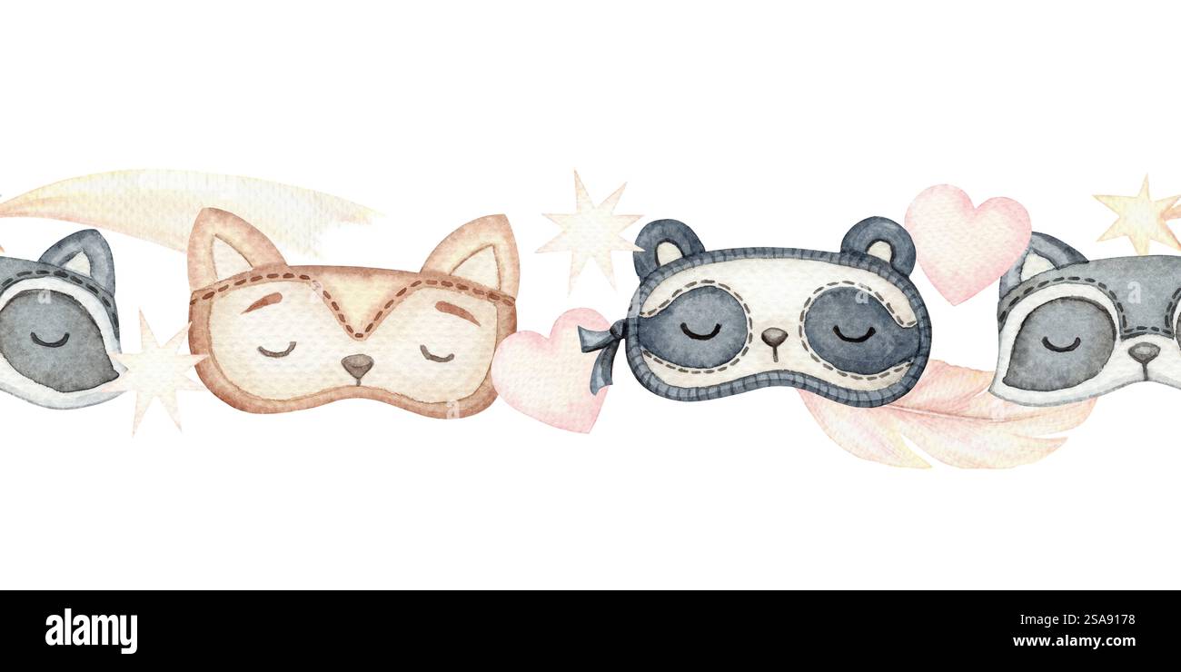Pajama party seamless border with cute sleep masks surrounded with soft ...