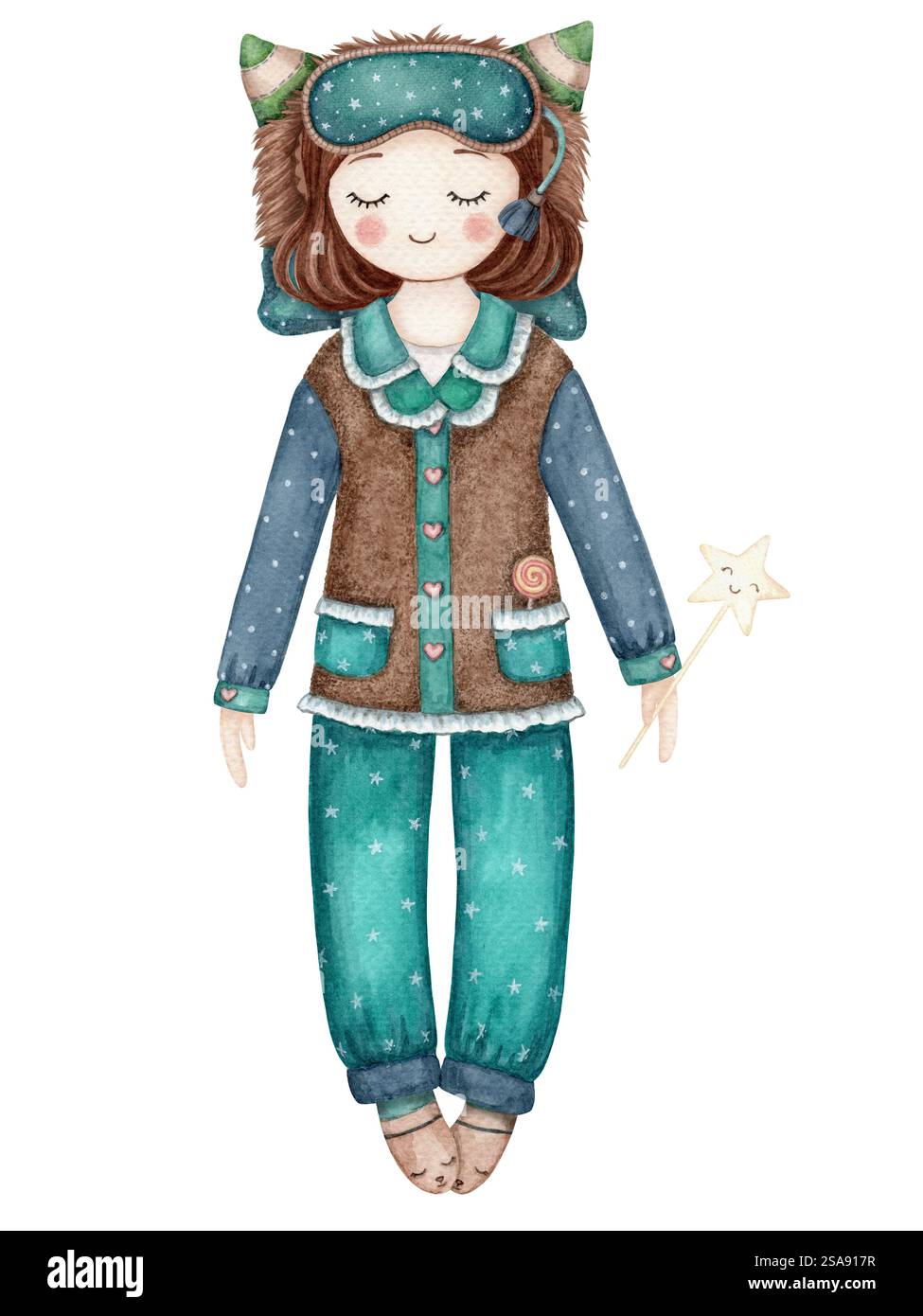 Sleeping girl in nightwear and sleep mask cute baby illustration in ...