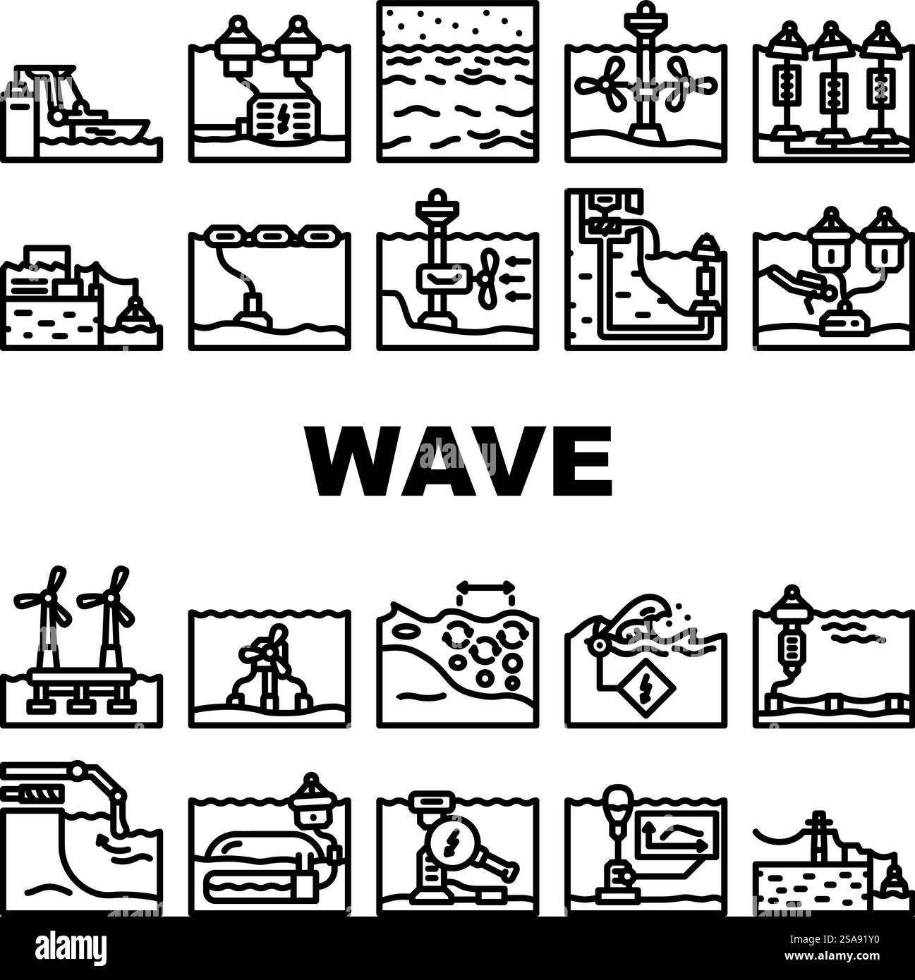 wave energy plant power icons set vector. source city, green solar, dam ...