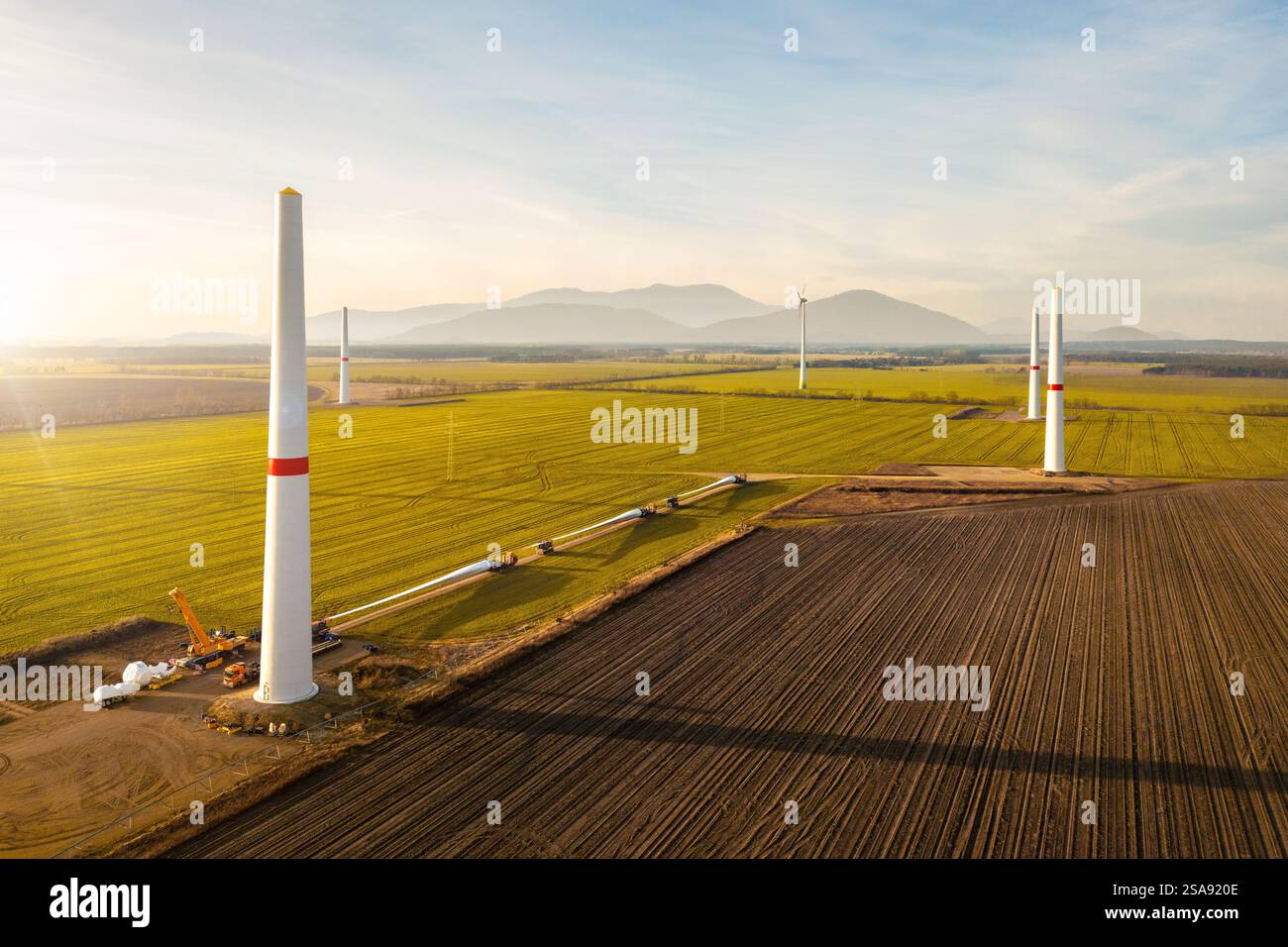 Aerial view of wind turbine construction site in rural landscape Stock ...