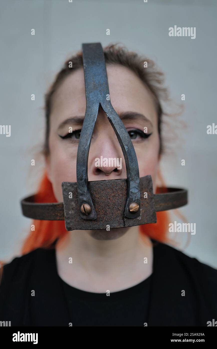 Three women silenced by Scold's Bridles, medieval torture devices once ...