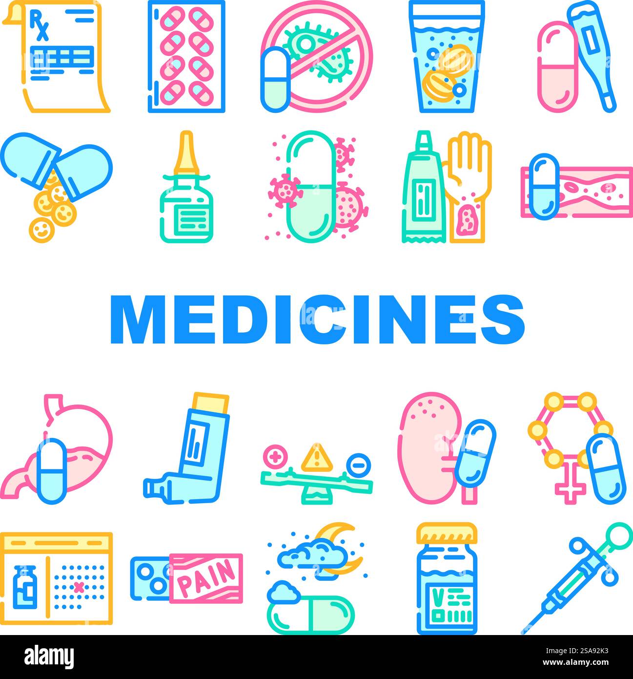 medicines pharmacy medical health icons set vector. prescription pill ...