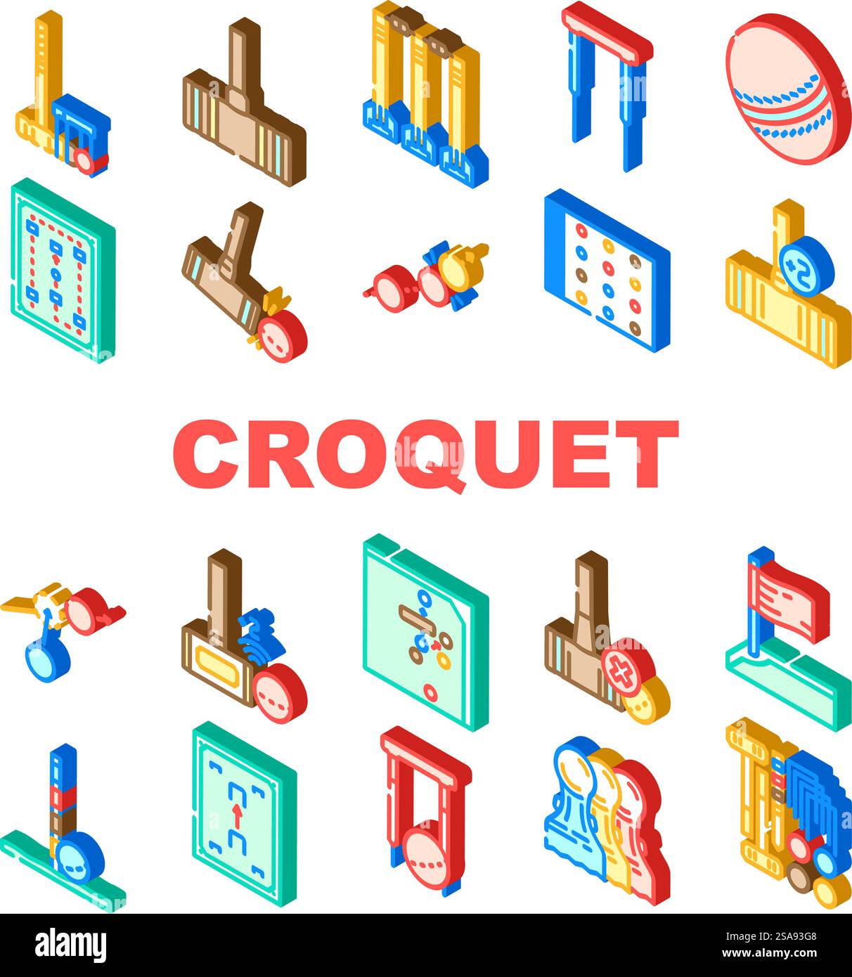 croquet mallet lawn icons set vector. sport champion ball, wooden stick ...