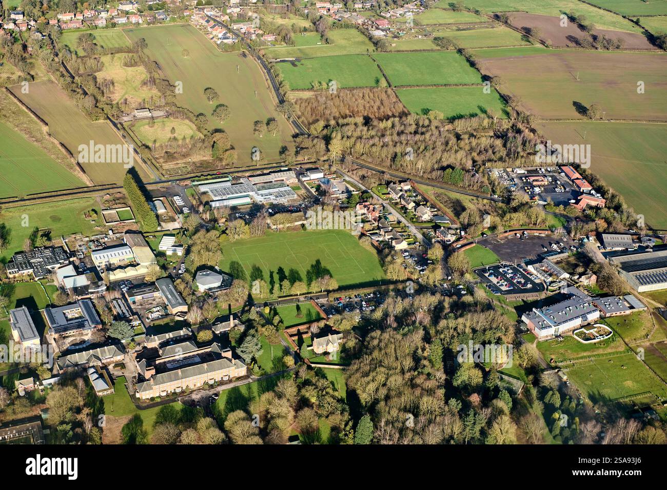 An aerial photograph of Askham Bryan agricultural college, North Yorkshire, northern England, UK ...
