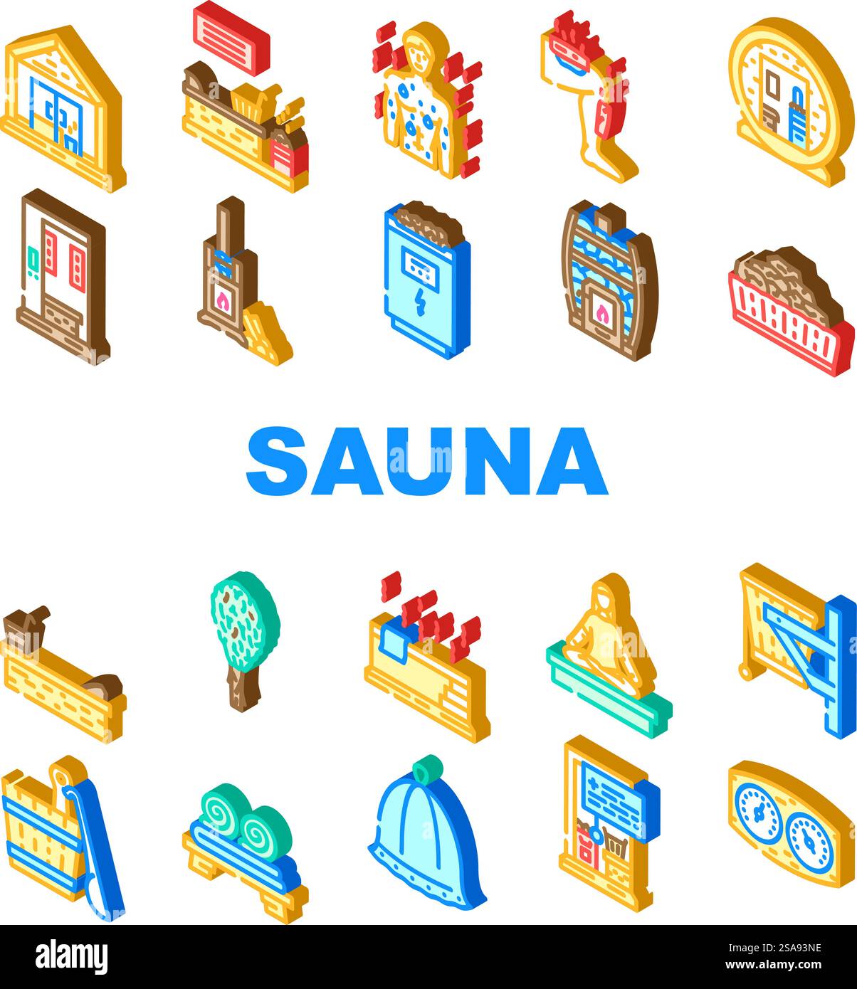 sauna steam spa health icons set vector. room accessories, relax heater ...