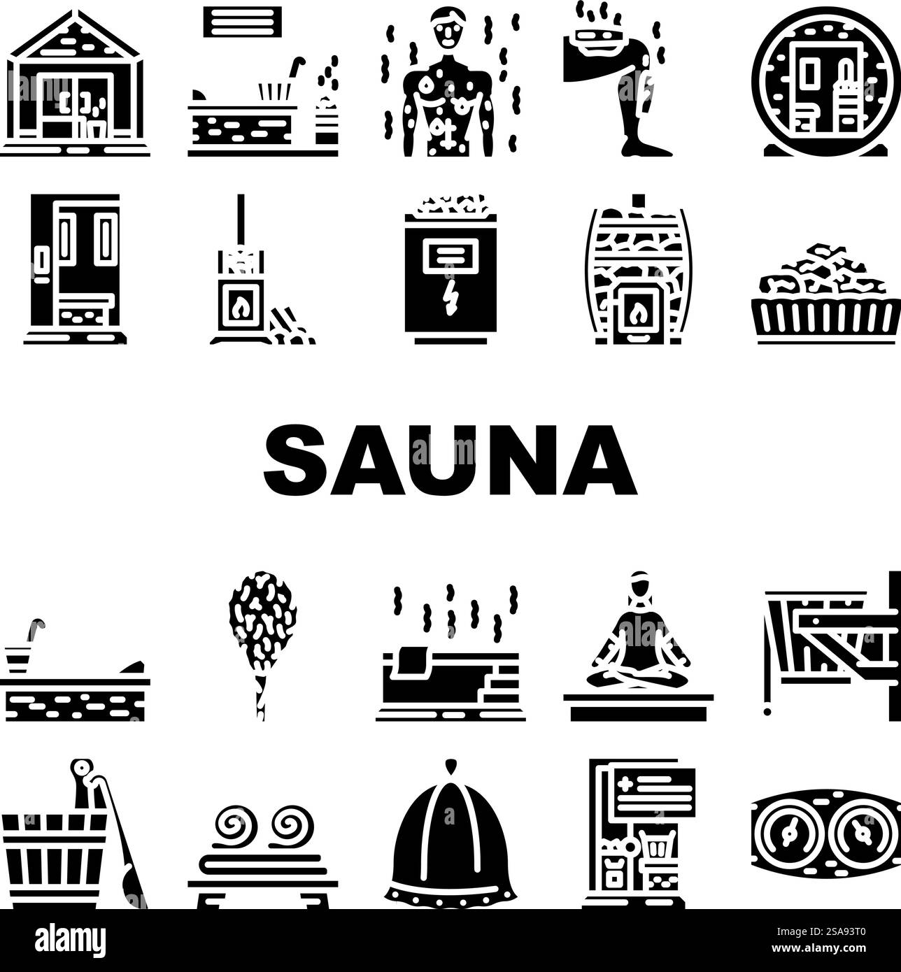 sauna steam spa health icons set vector. room accessories, relax heater, stone luxury, towel ...