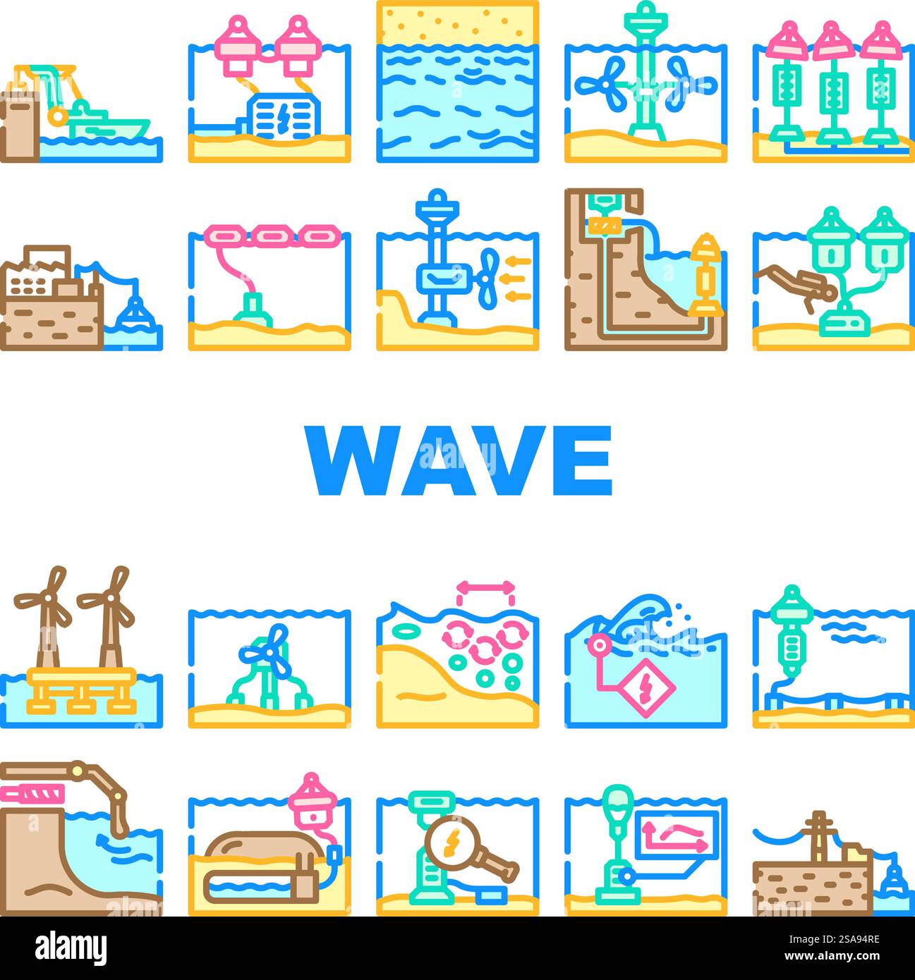 wave energy plant power icons set vector. source city, green solar, dam ...