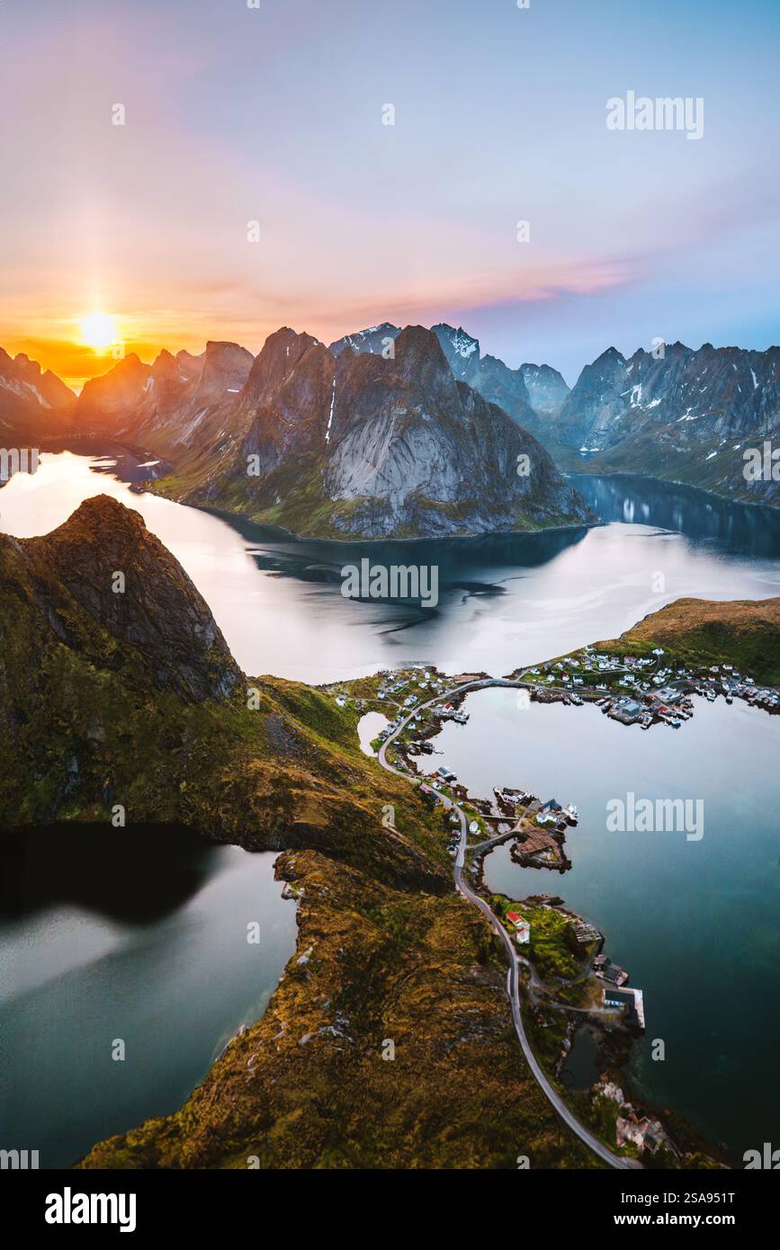 Lofoten islands landscape in Norway aerial view sunset mountains and ...