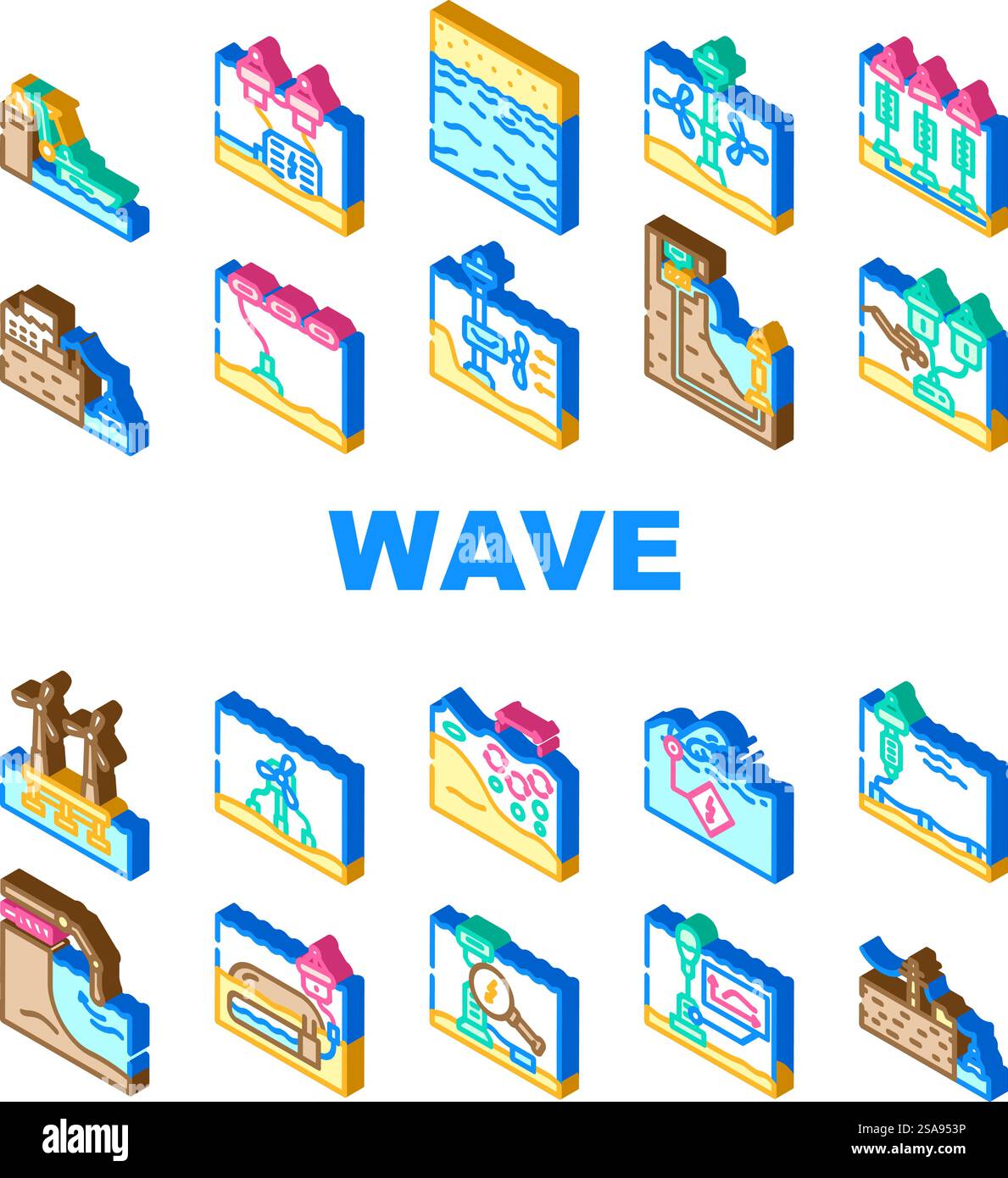 wave energy plant power icons set vector. source city, green solar, dam ...