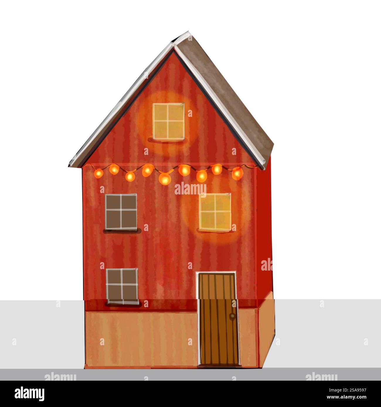 Winter house in Scandinavian simple retro style. Vintage hand drawn ...