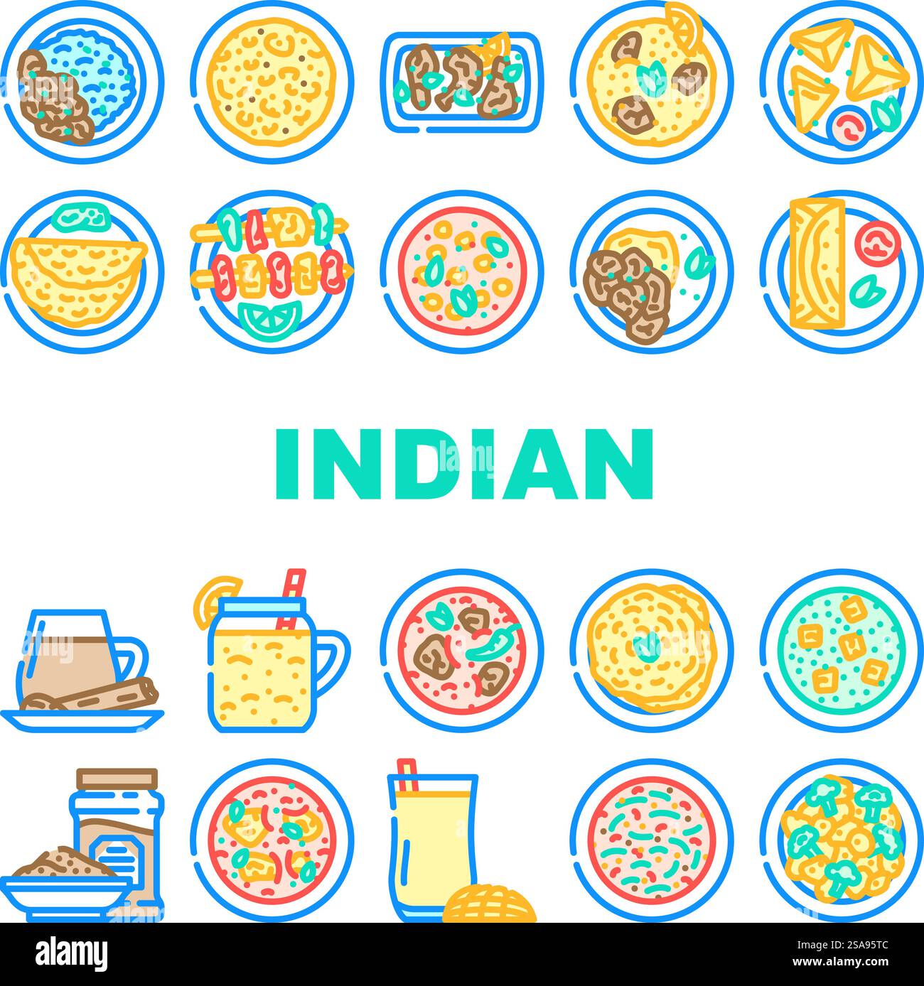 indian cuisine curry food chicken icons set vector. dish restaurant ...