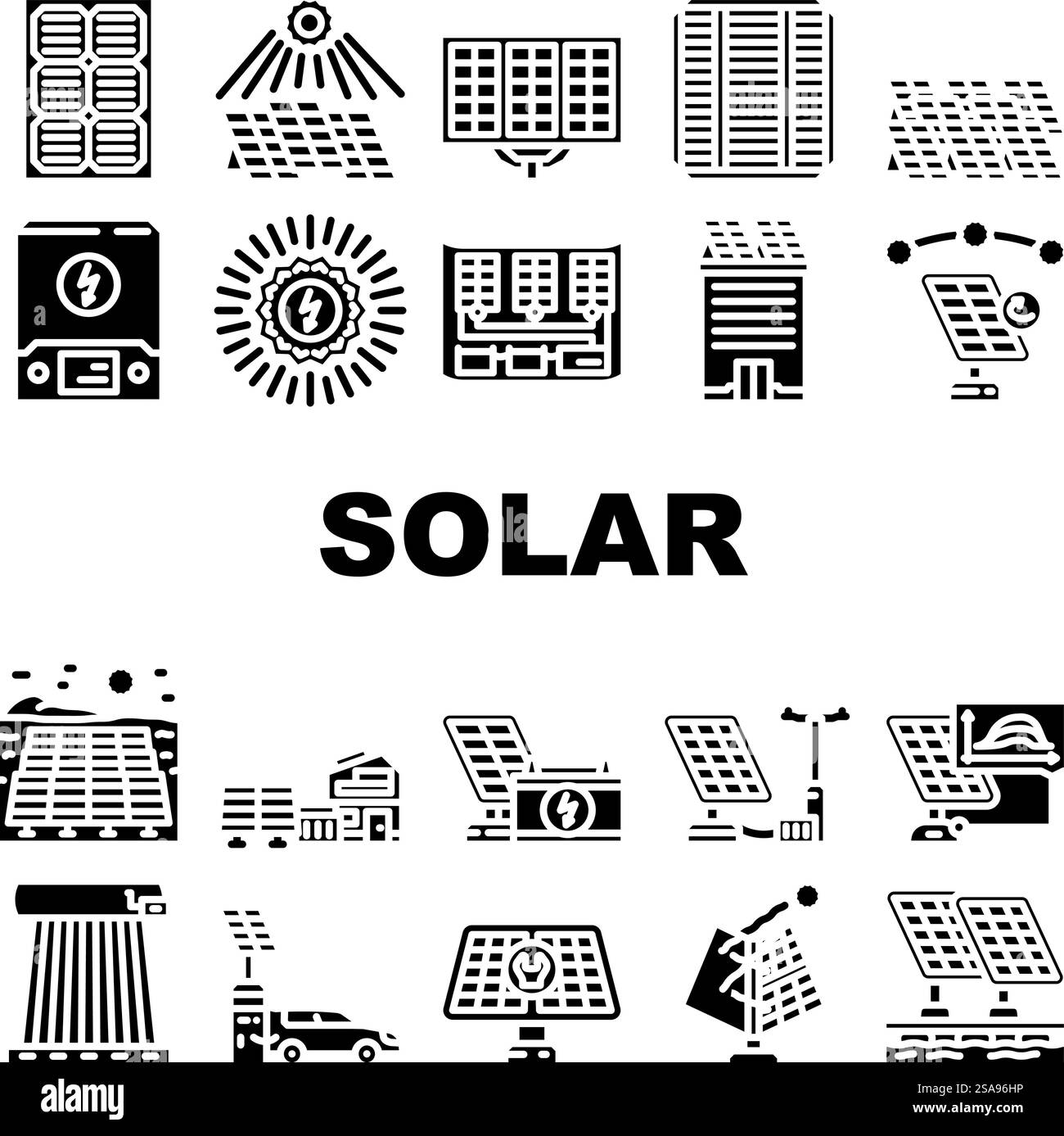 solar panels energy power sun icons set vector. photovoltaic green, cell technology, house ...