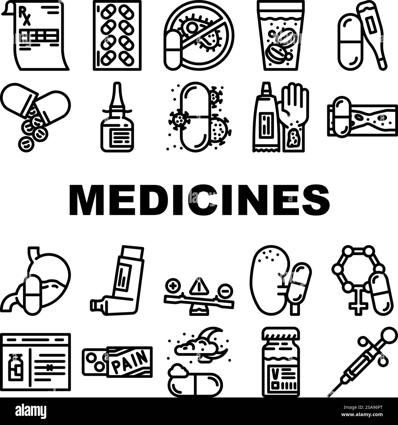 medicines pharmacy medical health icons set vector. prescription pill ...