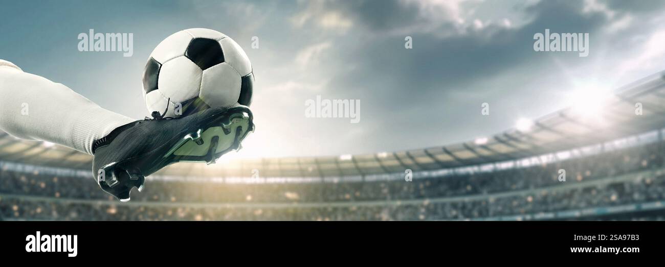 Banner. Soccer athlete performing high kick, striking soccer ball mid ...