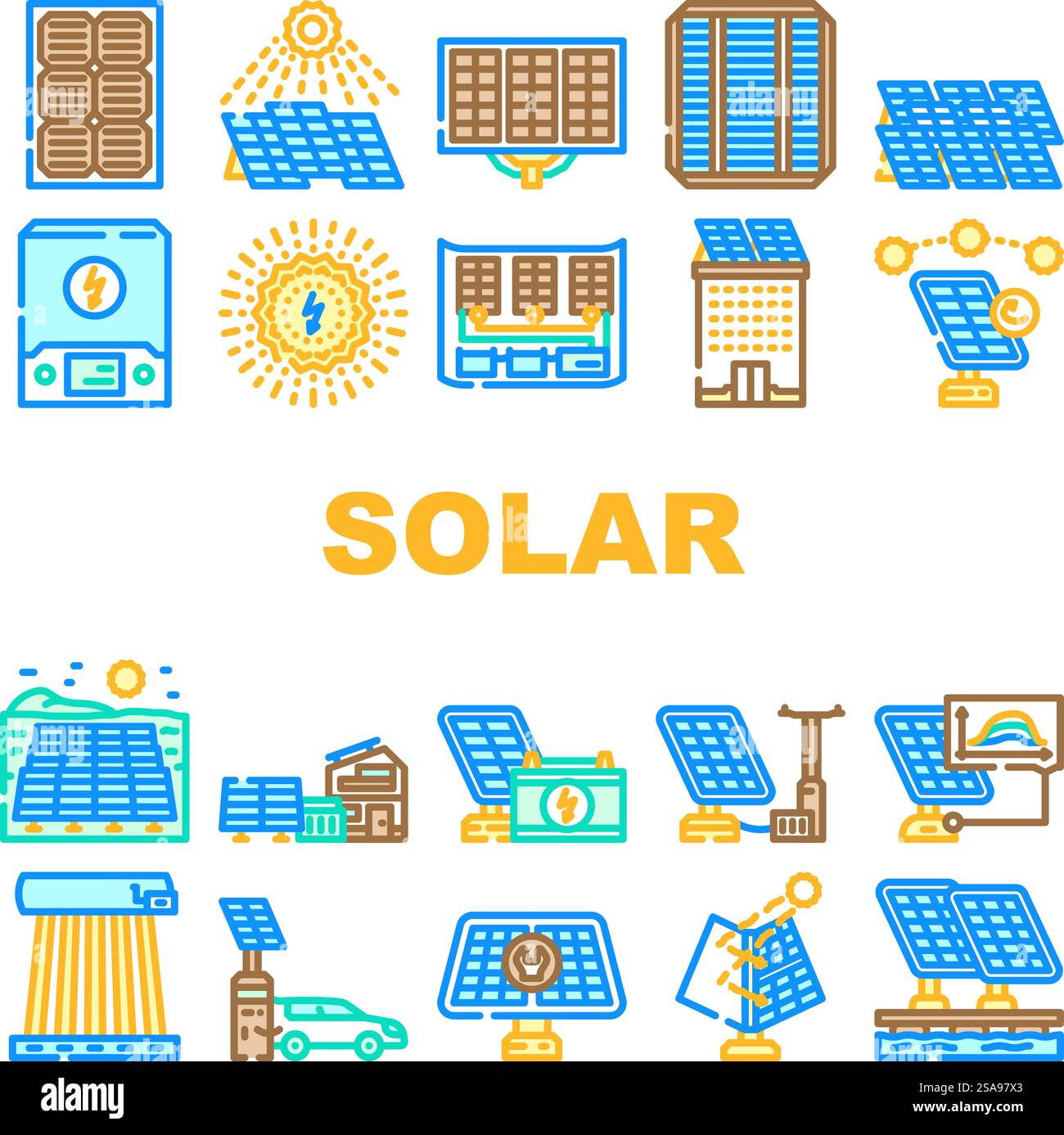 solar panels energy power sun icons set vector. photovoltaic green ...