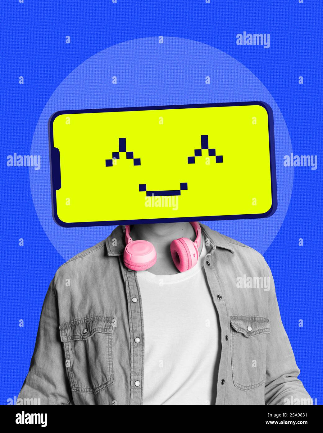 Contemporary art collage. Person with smartphone as head displaying ...