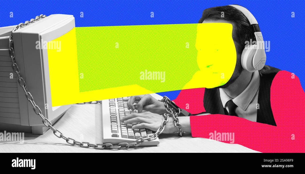 Conceptual artwork. Person with chained hands typing on keyboard ...