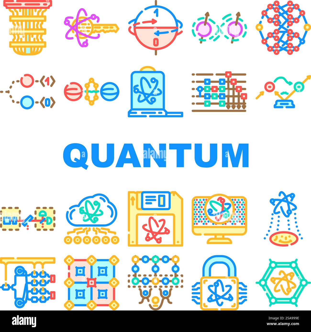 quantum technology data network icons set vector. internet digital, big ...