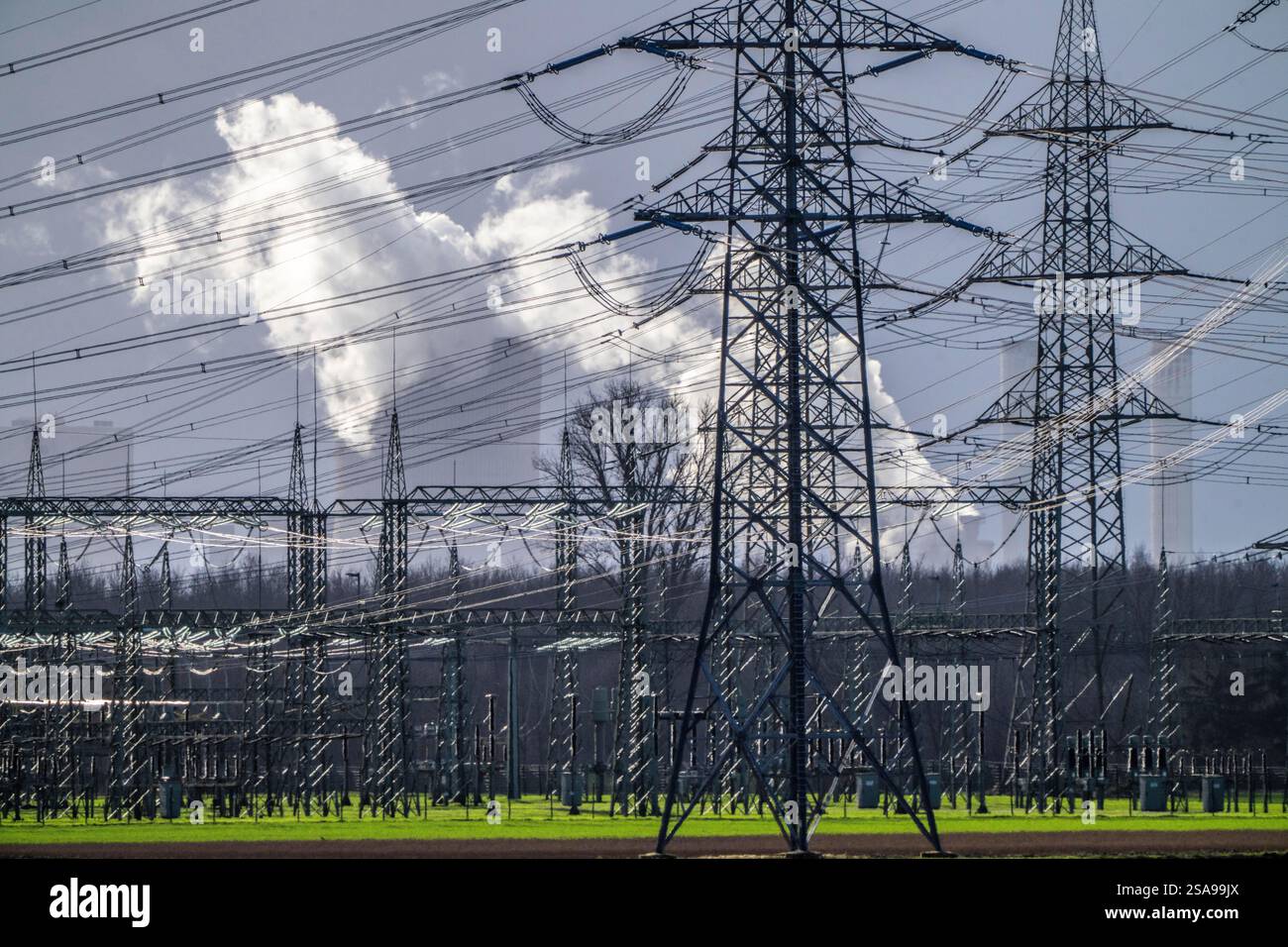 RWE Power Lignite Power station Niederaußem, high-voltage pylons, power ...