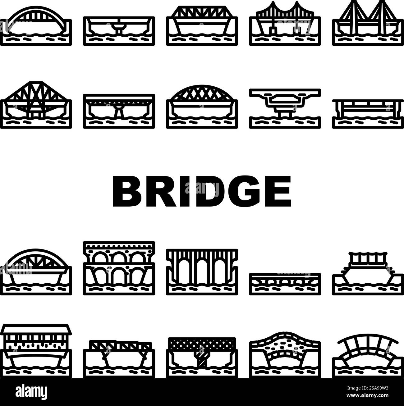 bridge road river construction icons set vector. city arch, building ...