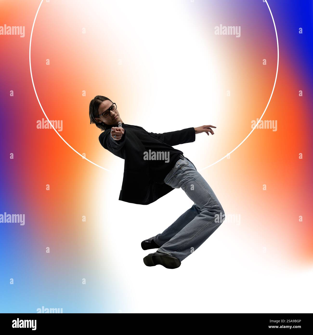 Dynamic image of stylish young man leaning forward against multicolored ...