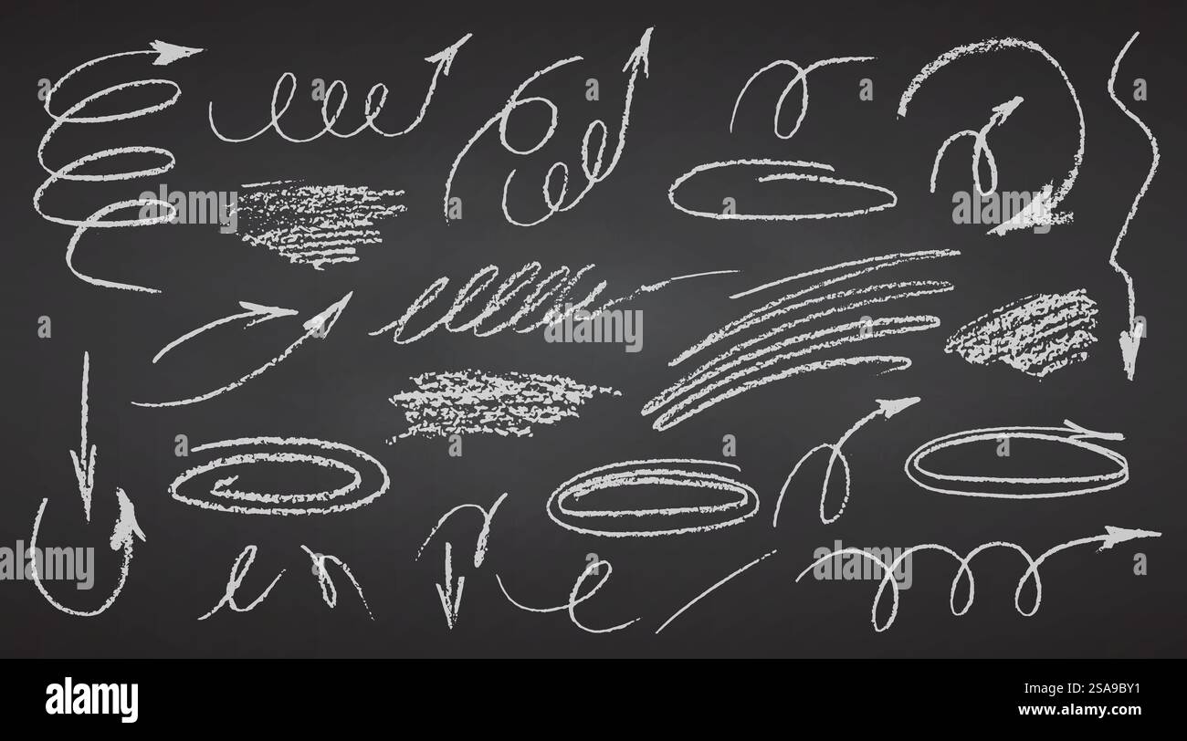 Charcoal pencil hand drawing curly arrows. White elements on chalkboard ...
