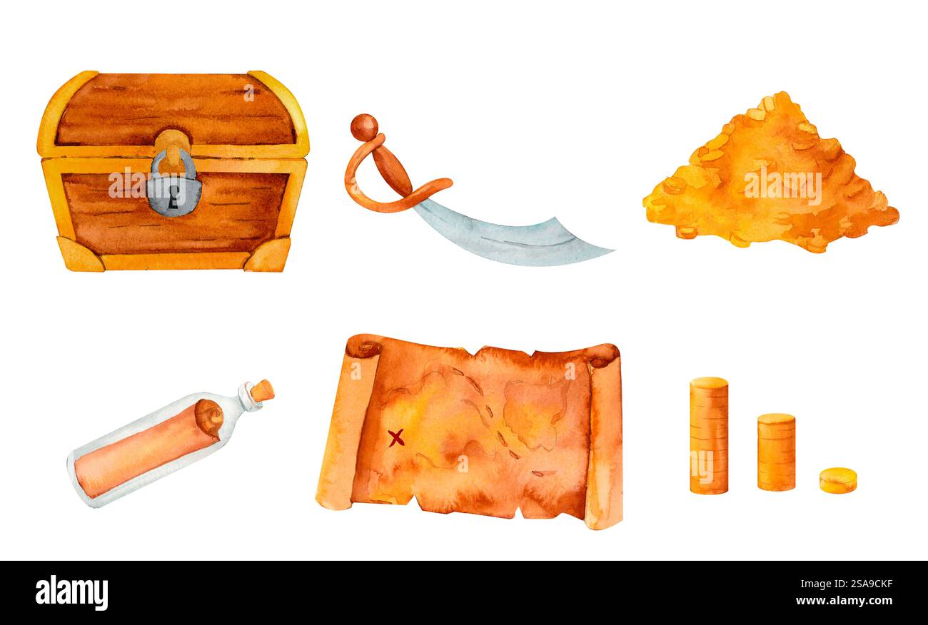 Pirate set of treasure chest with heap of gold and coins, detailed old ...