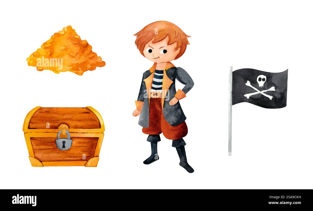 Pirate-themed set with a boy, closed old treasure chest, gold pile, and ...