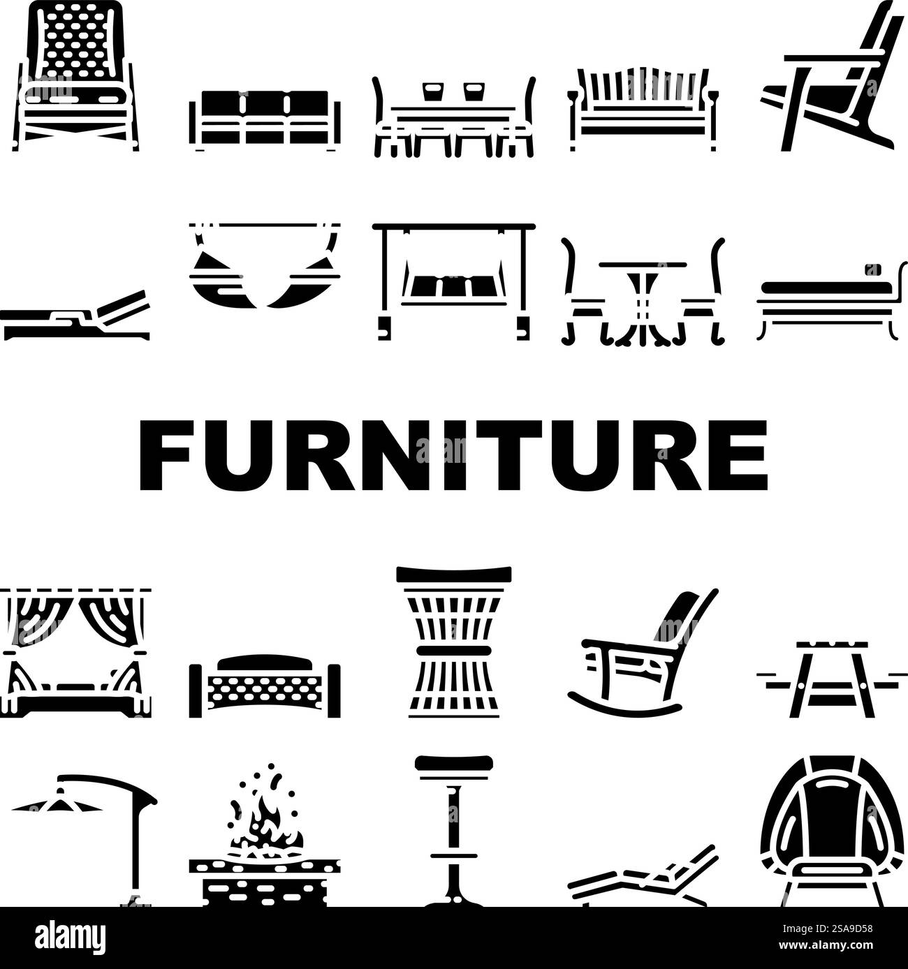 outdoor furniture garden terrace icons set vector. patio house, table ...