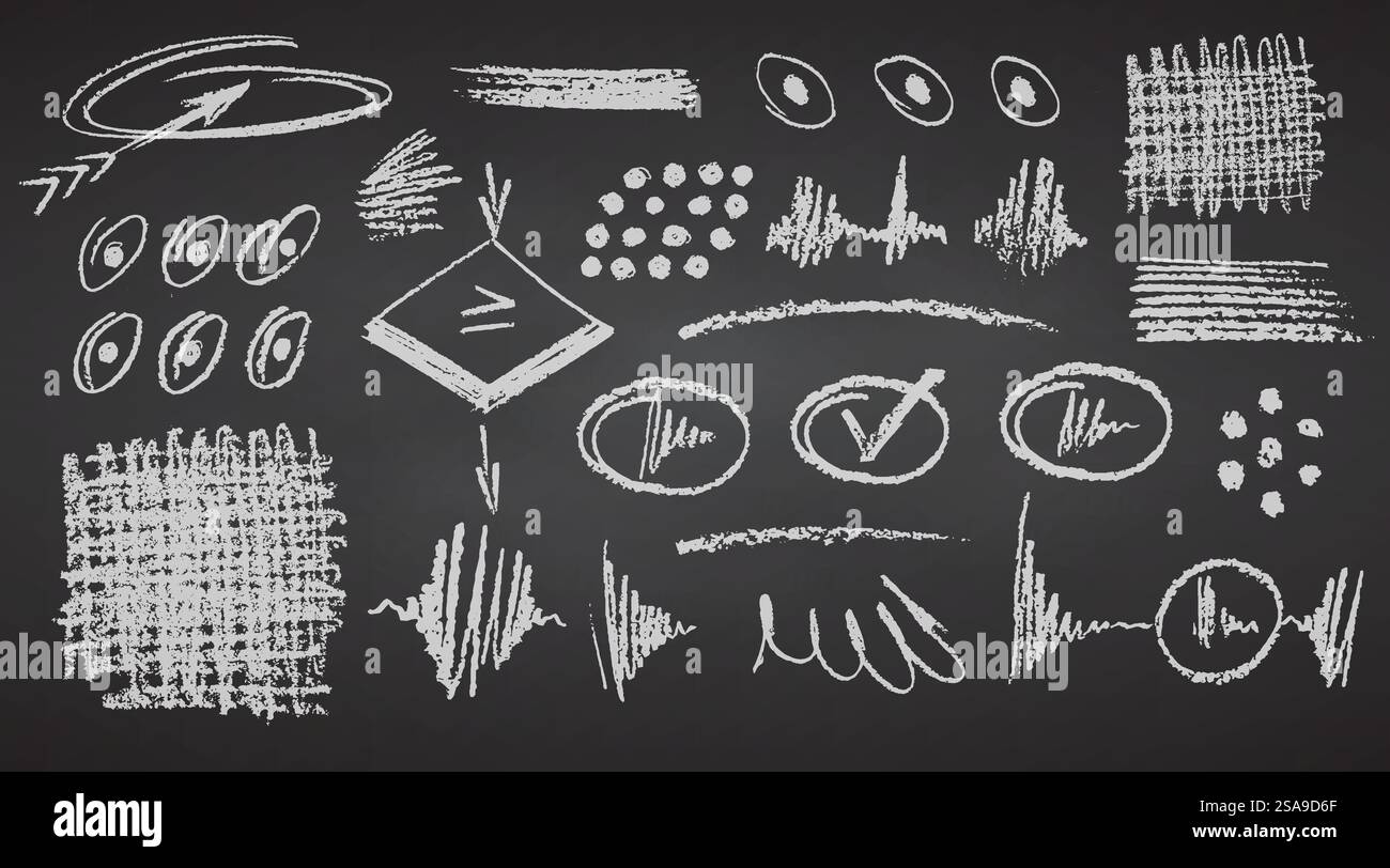 Charcoal pencil hand drawing curly lines, splash, squiggles and shapes. White elements on ...