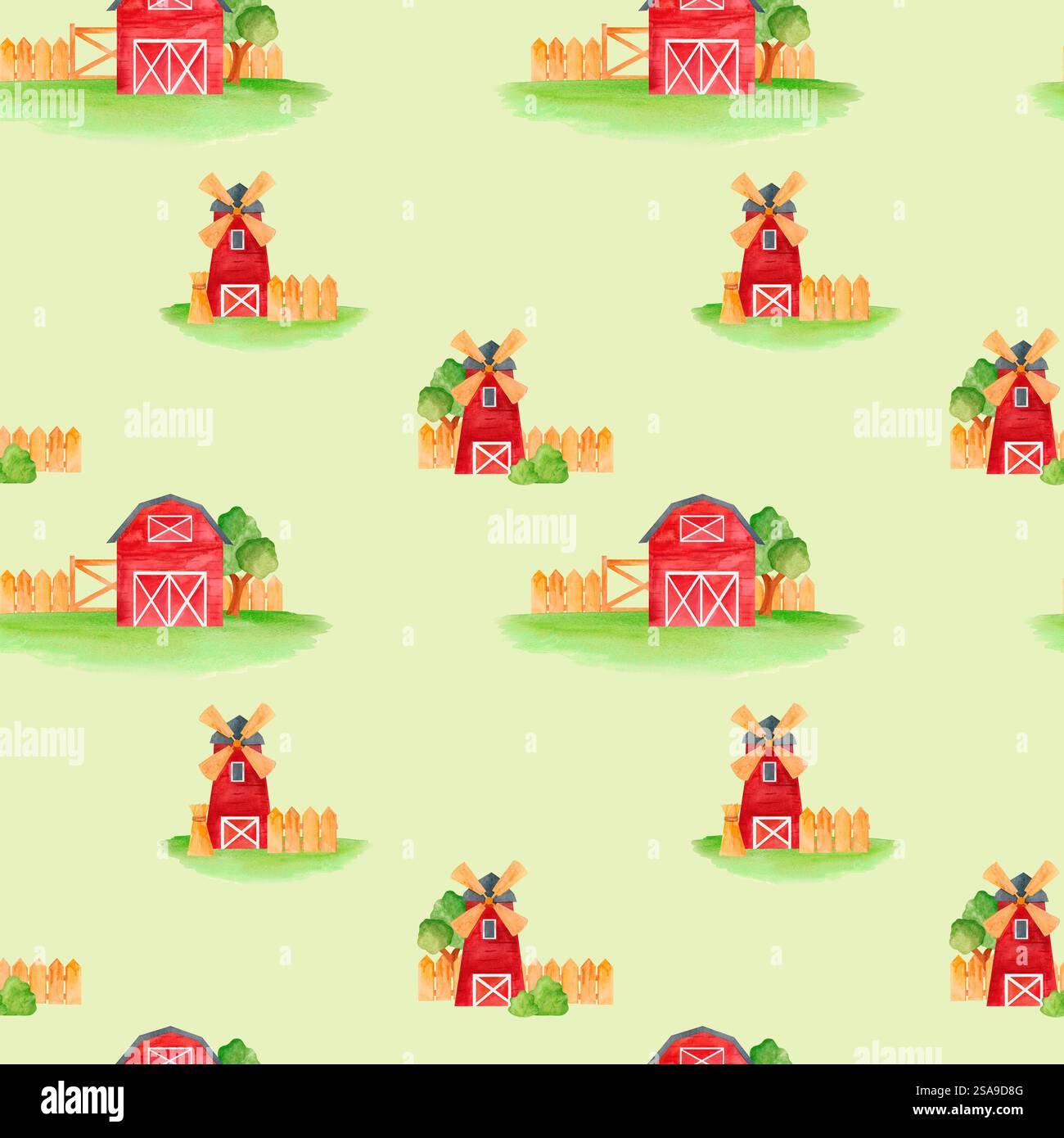 Farm patterns with rustic windmills, fences, and barns. A seamless ...