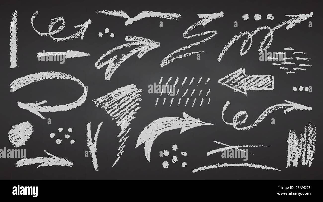 Charcoal pencil hand drawing curly arrows. White elements on chalkboard ...