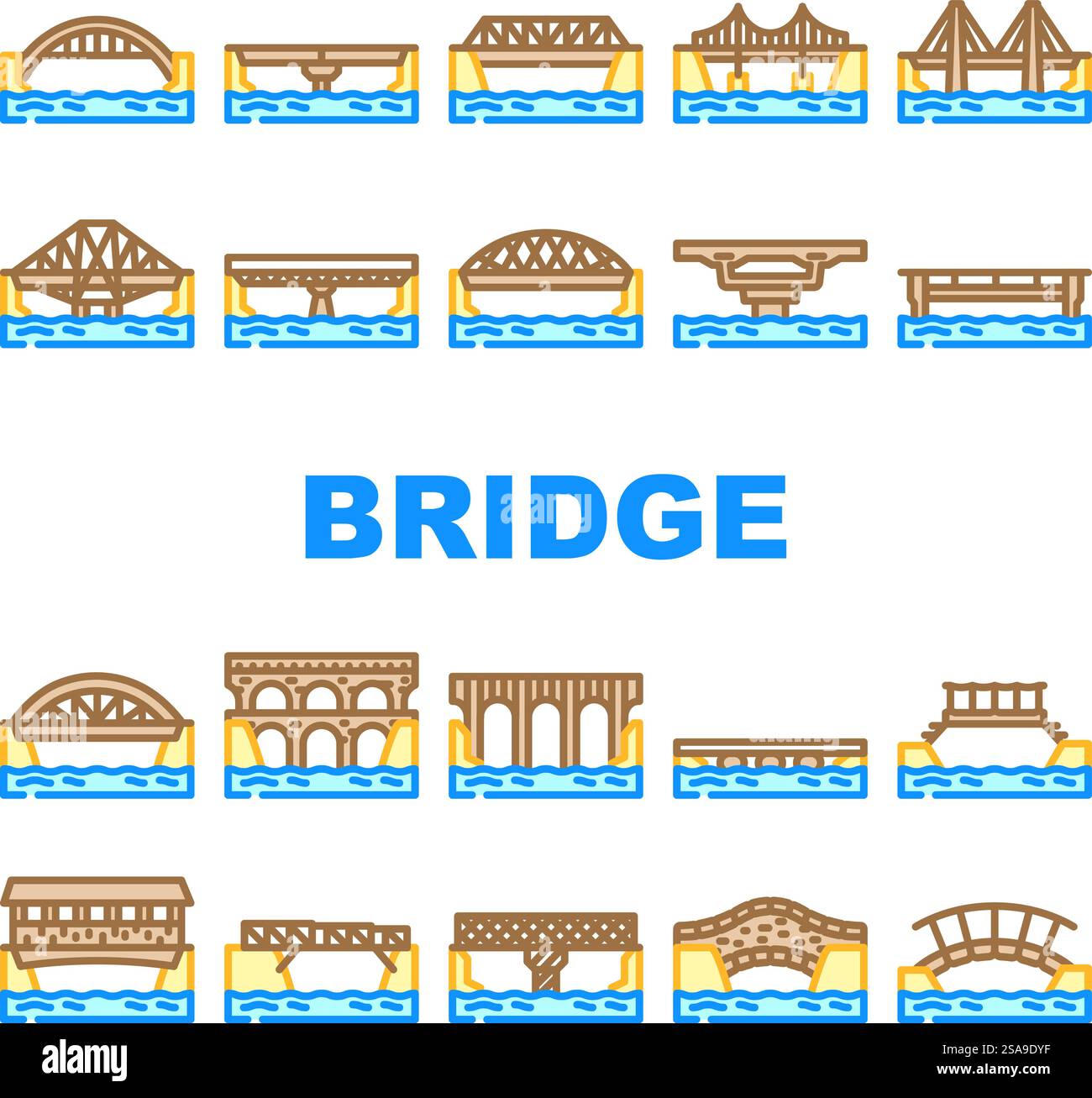 bridge road river construction icons set vector. city arch, building ...