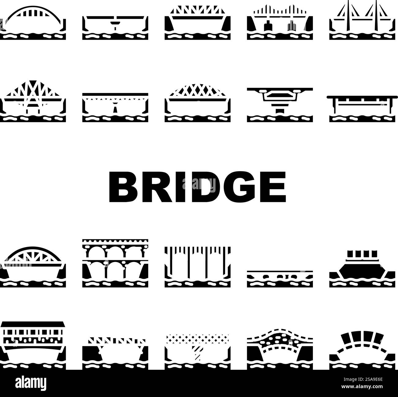 bridge road river construction icons set vector. city arch, building ...