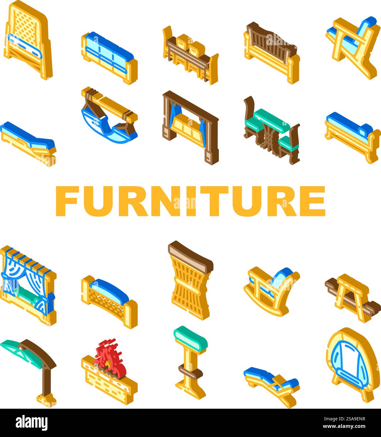 outdoor furniture garden terrace icons set vector. patio house, table ...