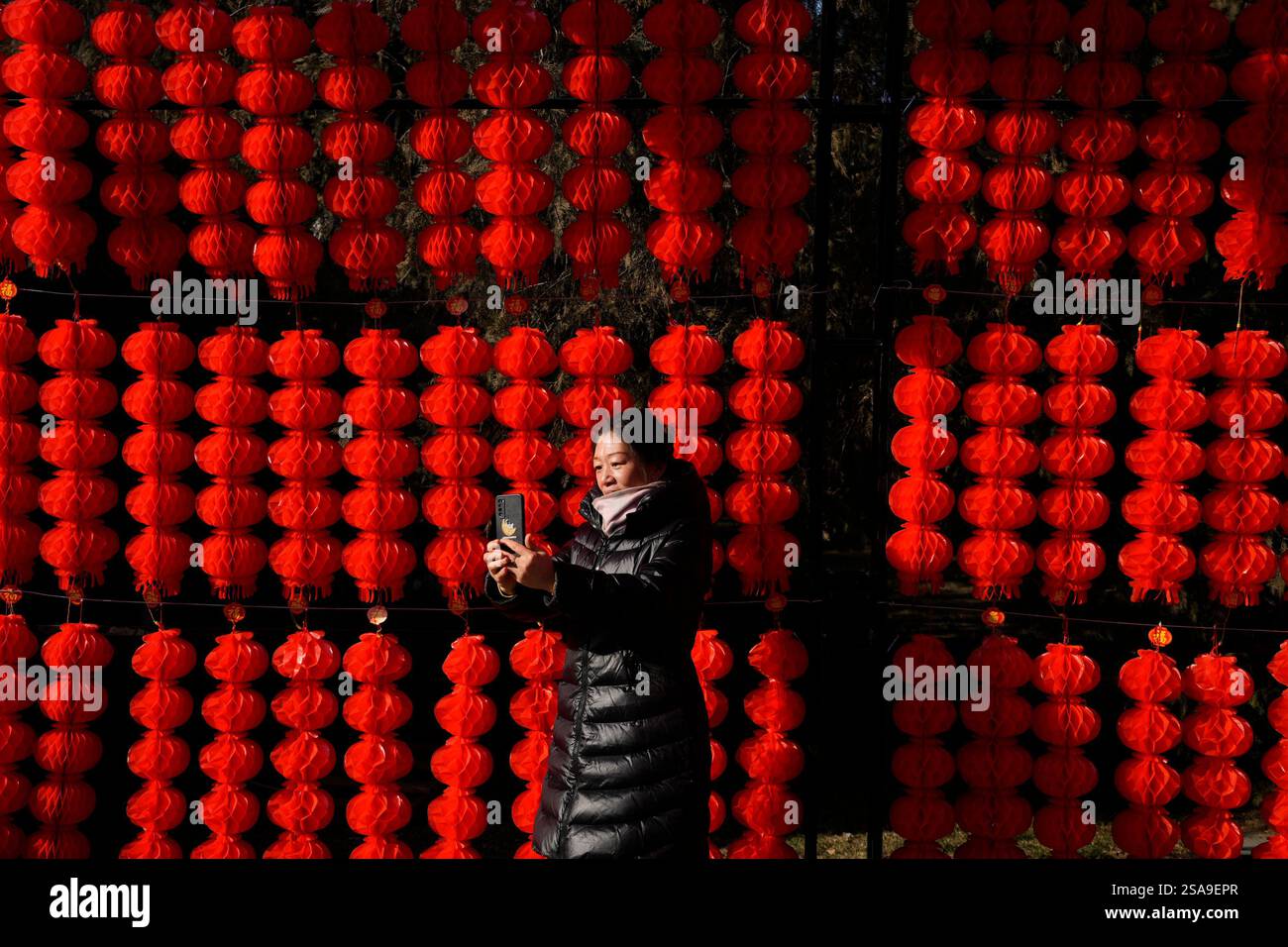 A woman takes photos as she visits the Ditan Temple Fair on the first ...