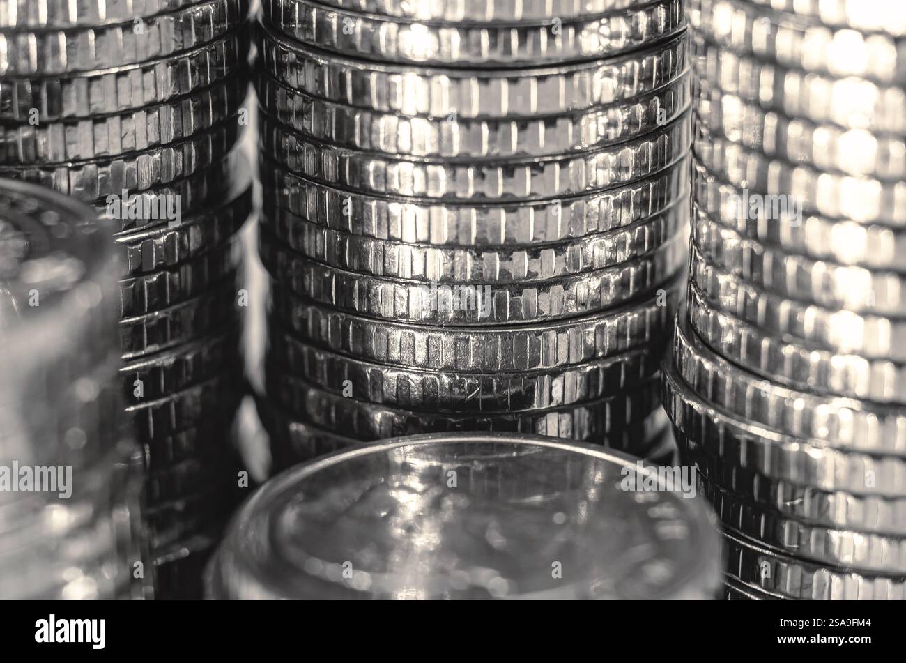 Side view of stack coins close-up, texture of edges of coin. Background ...