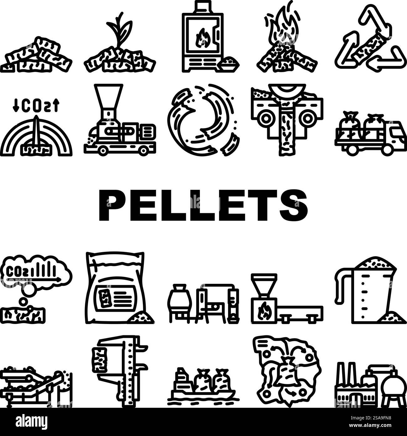 wood pellets eco energy icons set vector. ecological environment ...