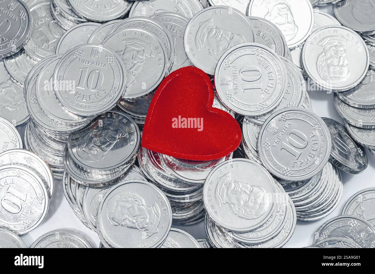 Coins red heart background. Valentine's day concept. Minimal concept ...