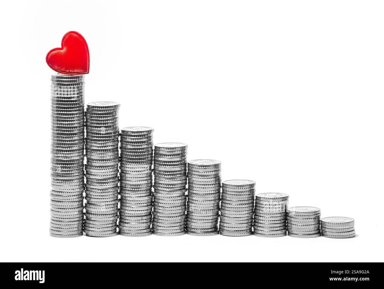 Stacks of coins in decline. Concept of cost reduction affecting product ...