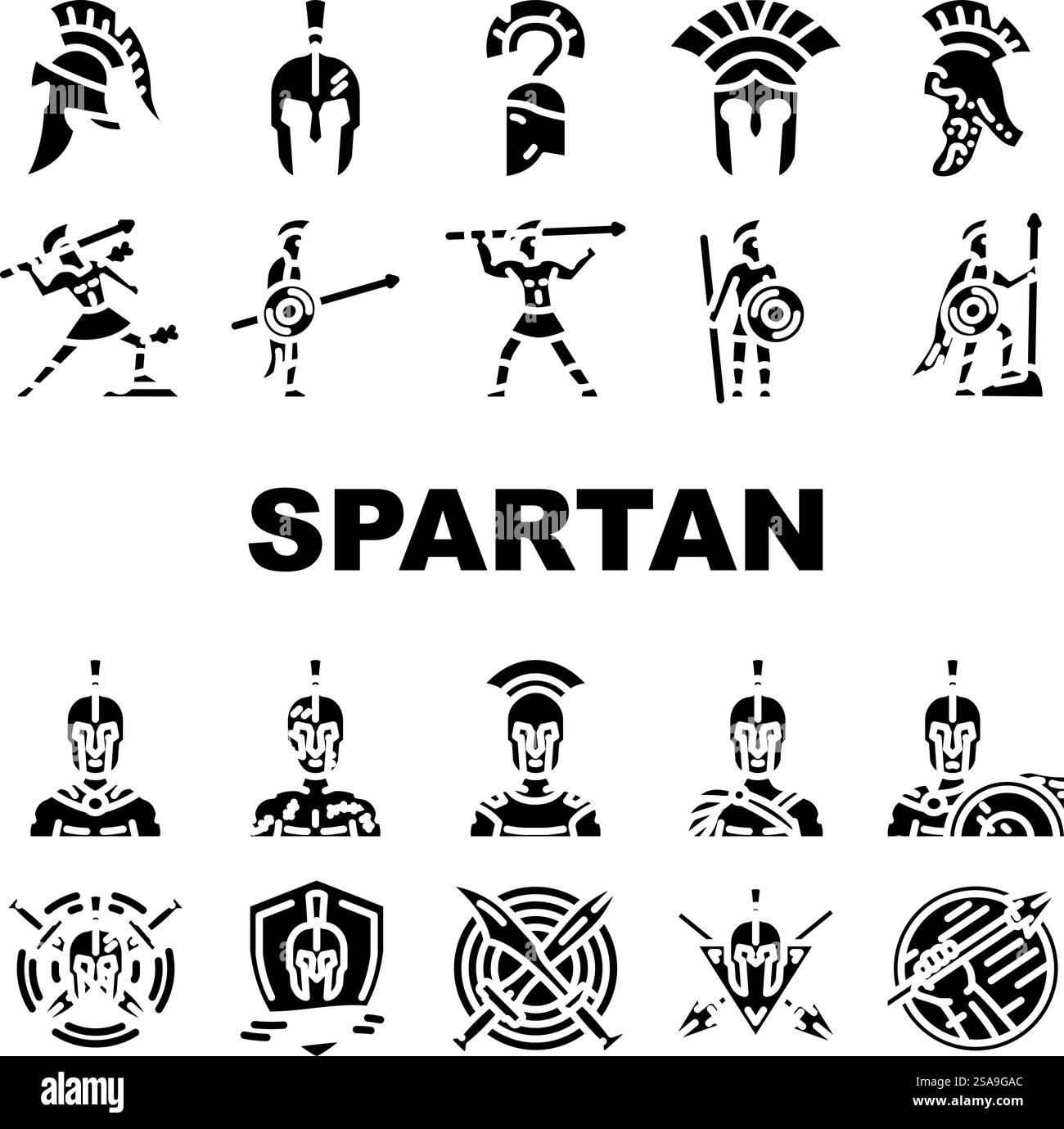 spartan warrior helmet icons set vector. roman sparta, battle armor ...