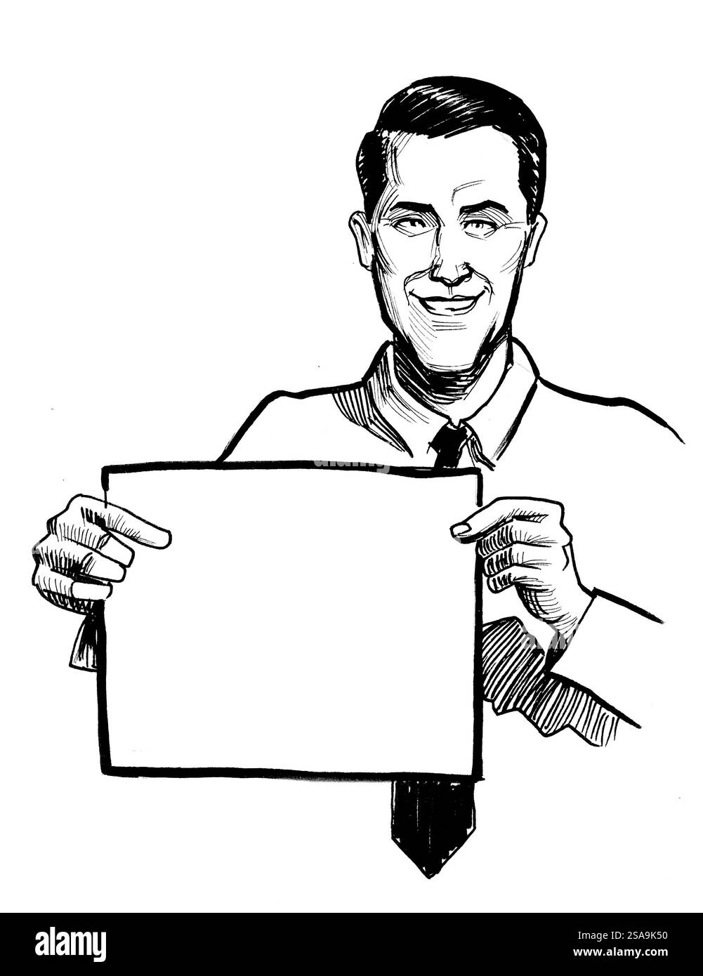Man holding a blank sheet of paper. Hand drawn retro styled ink black ...