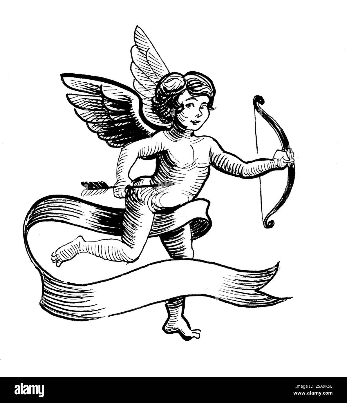 Cupidon with bow and arrow. Hand drawn retro styled ink black and white ...