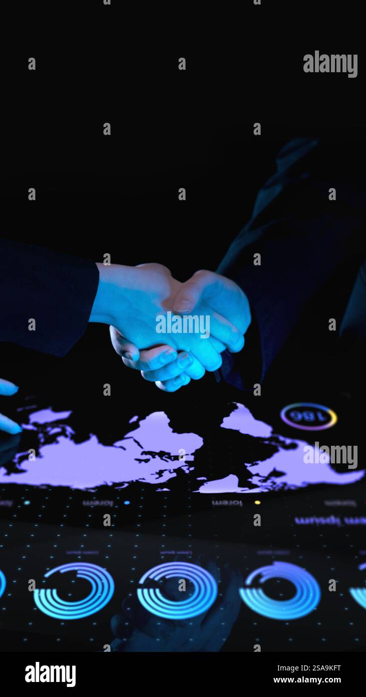 Professionals shaking hands over interactive digital table displaying global map, circular data ...