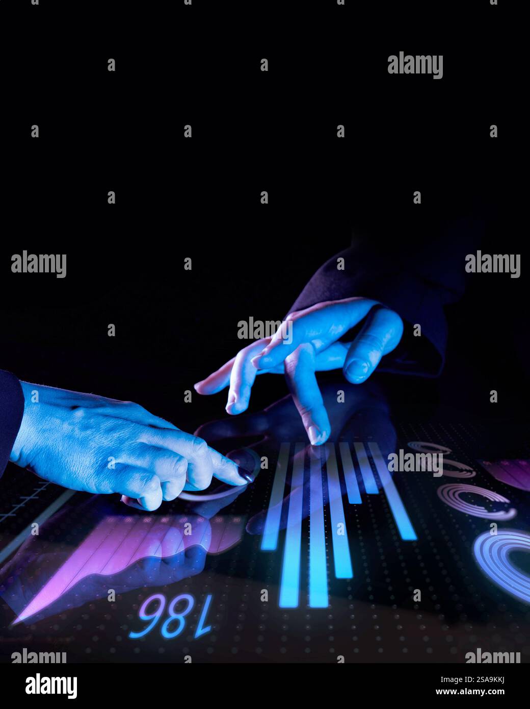 Two professionals engaging with futuristic digital interface, interacting with glowing blue data ...