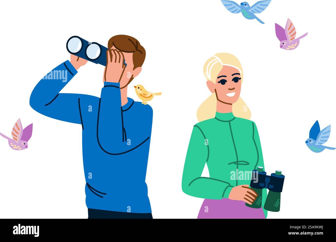 forest birdwatching vector. jungle woman, adult outdoor, wildlife ...