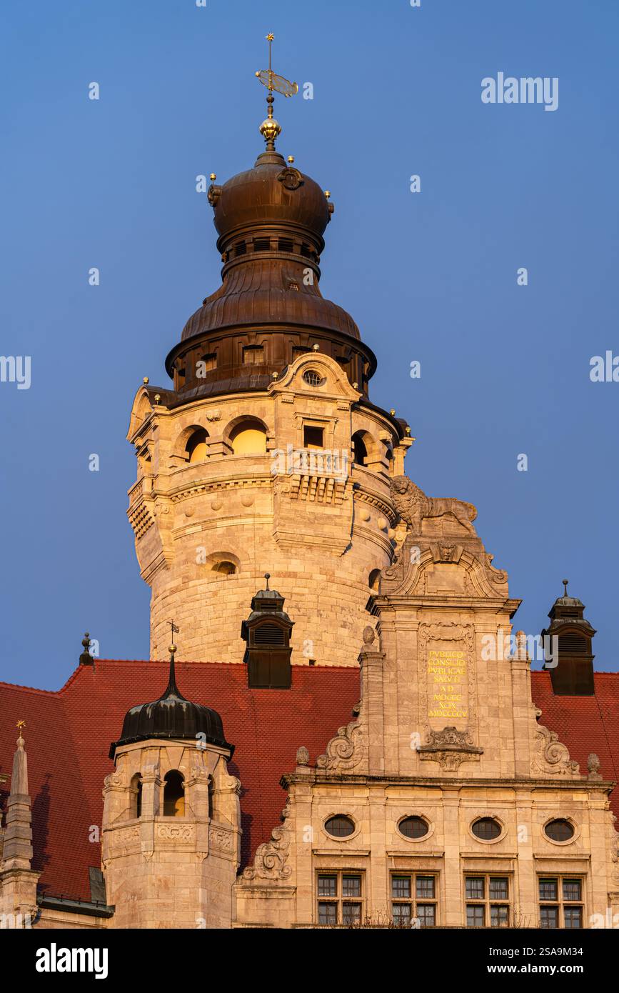 Tower of the new town hall of Leipzig. Building illuminated by the ...