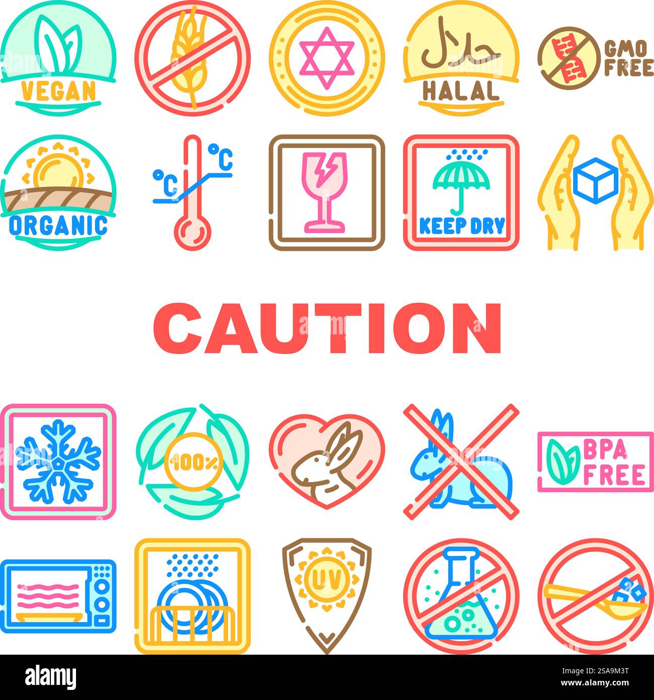 product caution label warning icons set vector. vegan, gluten free ...