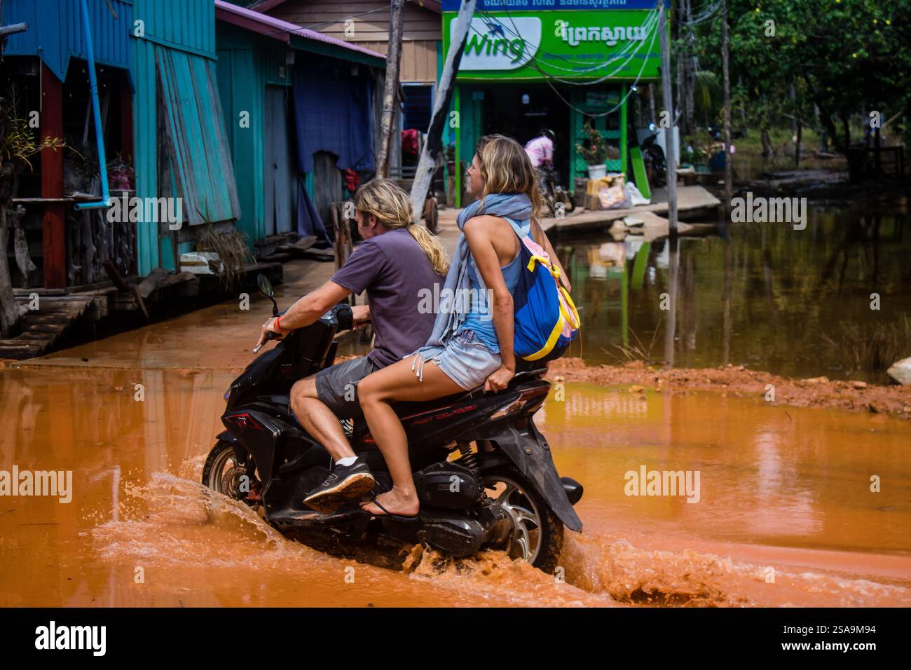 Preak Svay Village, Koh Rong Island, Cambodia, January 28, 2025 The main street of the village ...